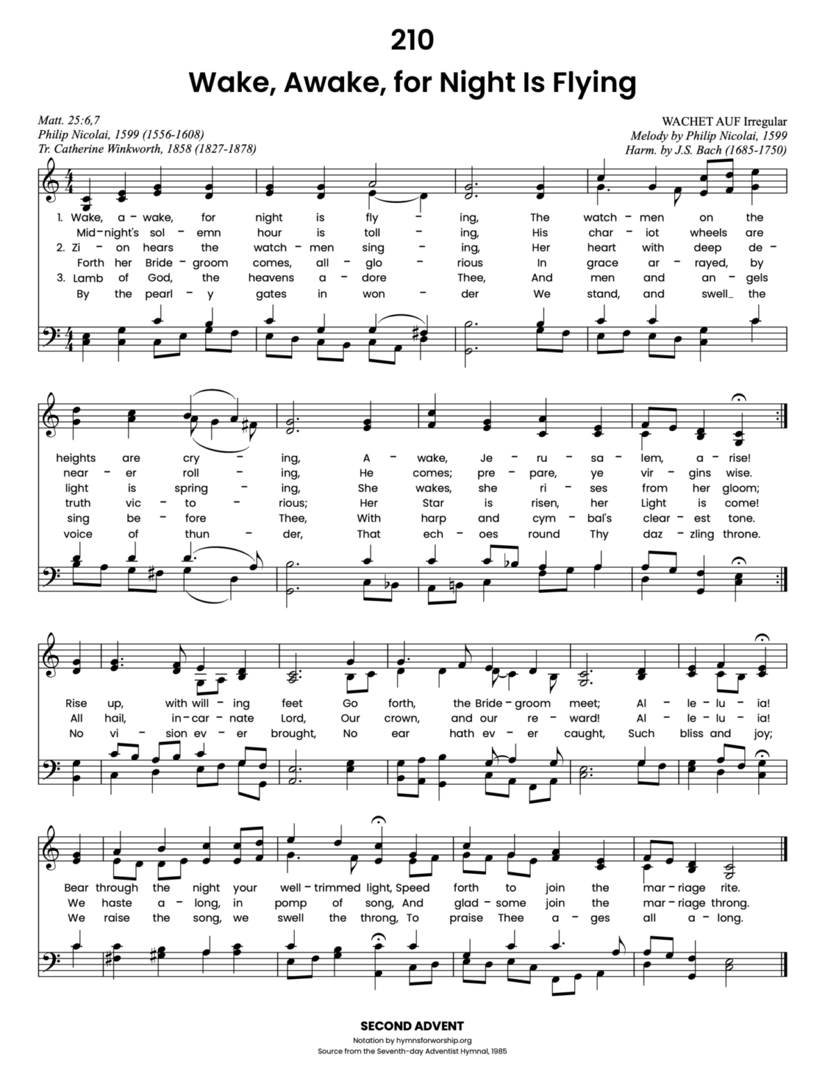 SDAH 210: Wake, Awake, For Night Is Flying - Hymns for Worship