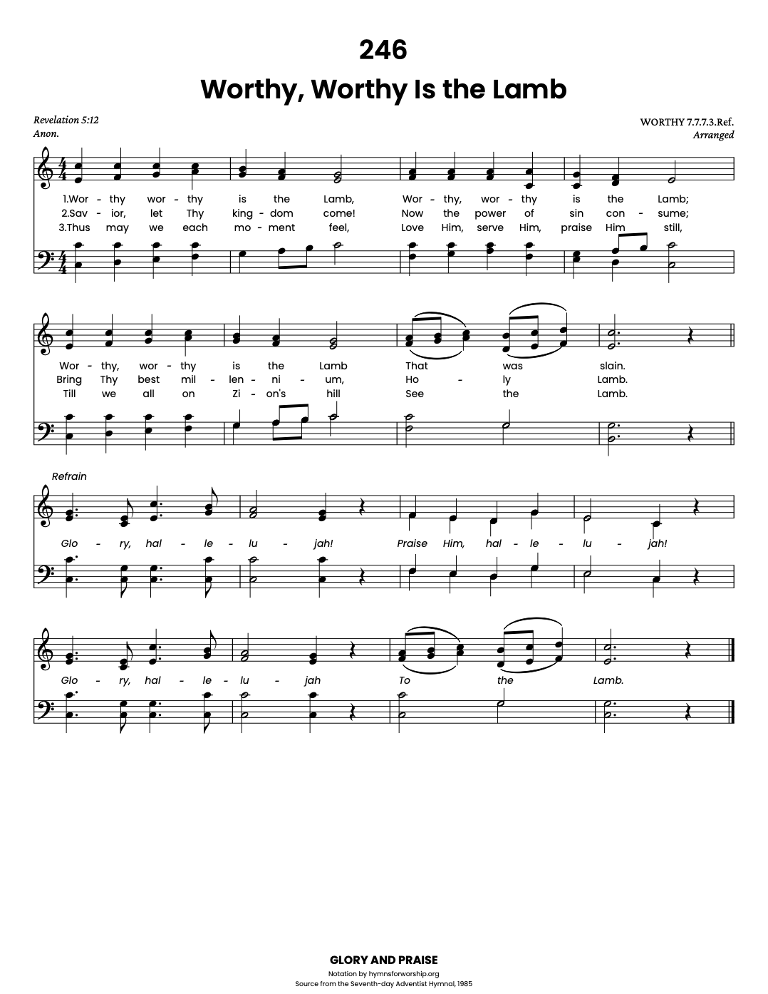 SDAH 246: Worthy, Worthy, is the Lamb - Hymns for Worship